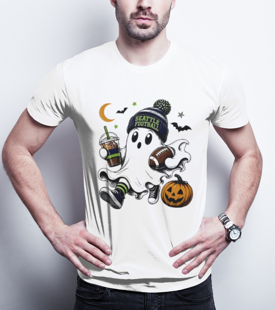 Seattle Football Halloween Ghost With Pumpkin Coffee And Moon T-Shirt