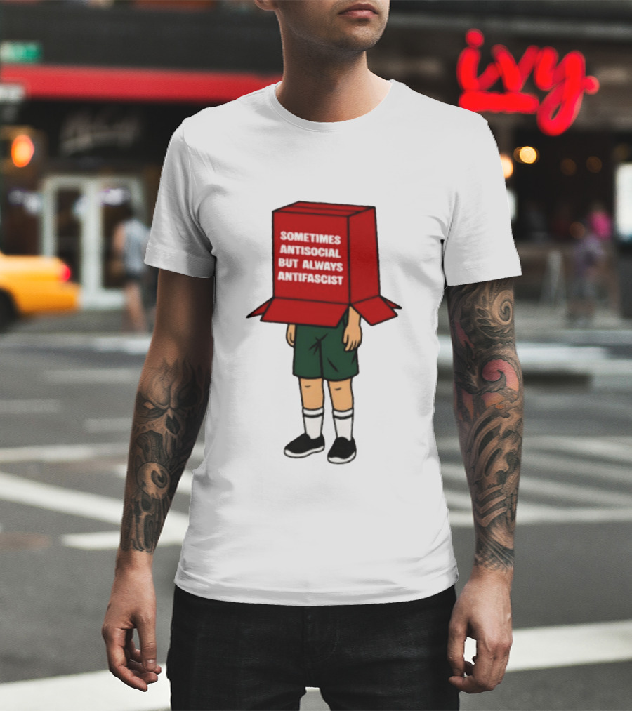 Sometimes Antisocial But Always Antifascist Box Head Cartoon T-Shirt