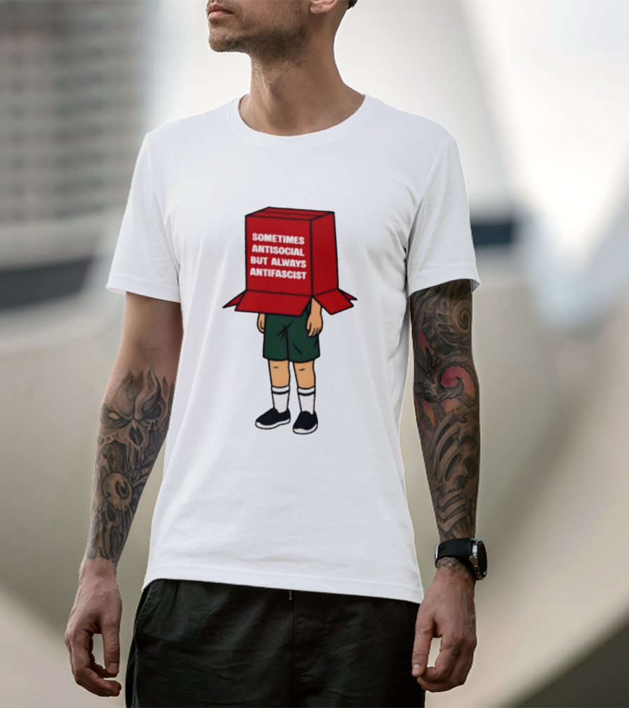 Sometimes Antisocial But Always Antifascist Box Head Cartoon T-Shirt