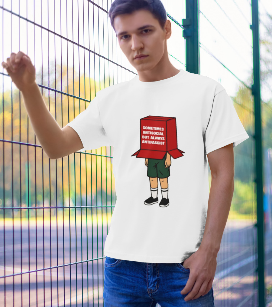 Sometimes Antisocial But Always Antifascist Box Head Cartoon T-Shirt