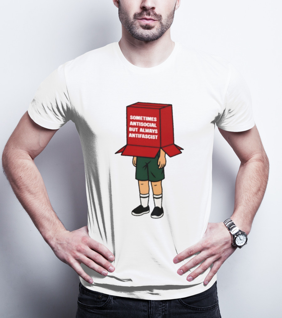 Sometimes Antisocial But Always Antifascist Box Head Cartoon T-Shirt