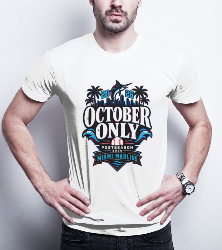 Miami Marlins 2026 October Only Postseason Baseball Palms Cityscape T-Shirt