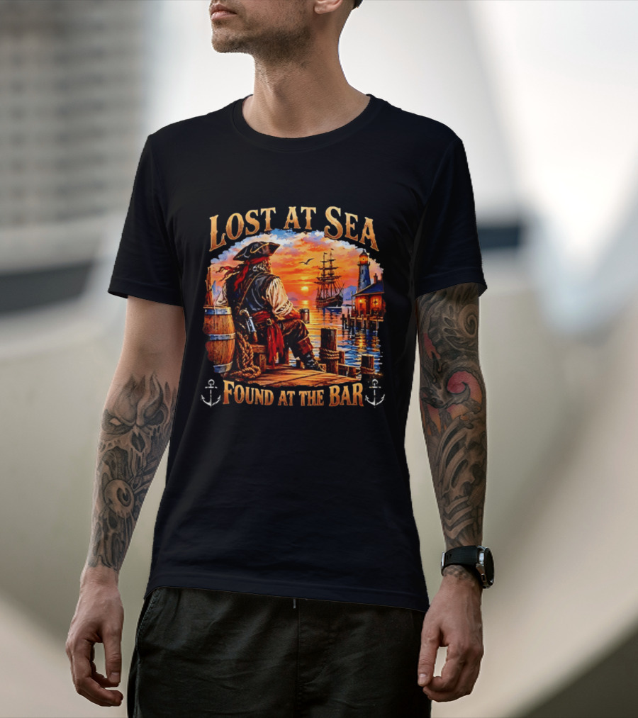 Lost At Sea Found At The Bar Pirate Sunset Sarcastic Humor T-Shirt