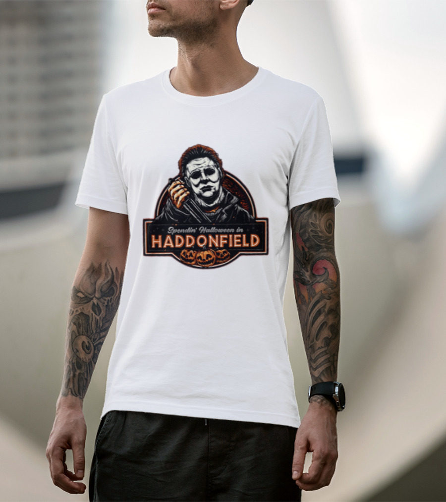 Michael Myers Spendin' Halloween In Haddonfield With Pumpkins T-Shirt