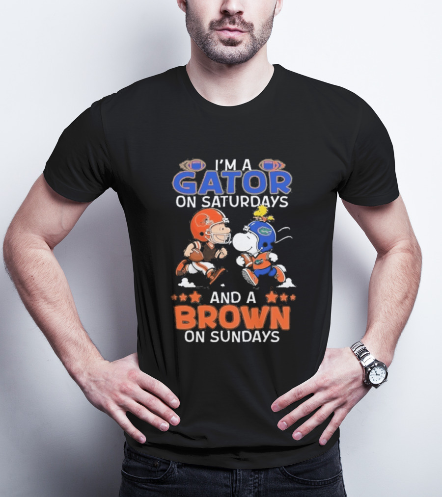 Charlie Brown Snoopy I'm A Gator On Saturdays And A Brown On Sundays Football Helmets T-Shirt