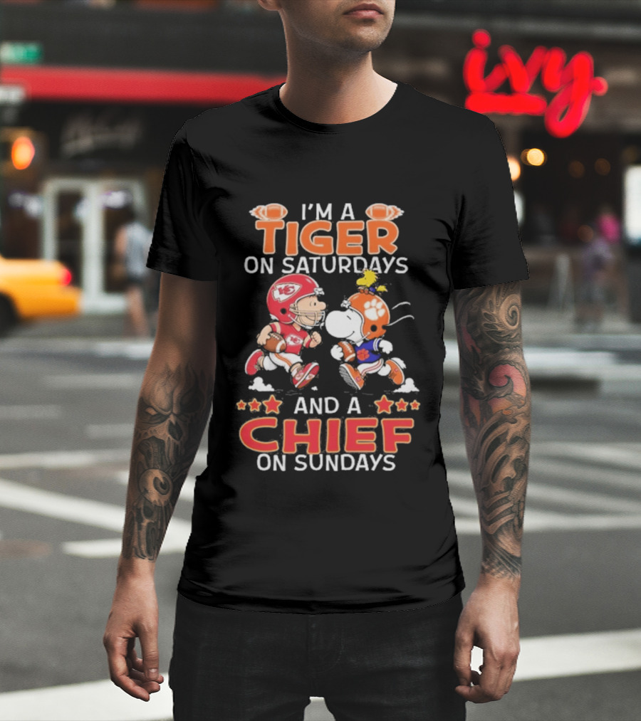 Charlie Brown Snoopy Tiger Saturdays Chief Sundays Football T-Shirt