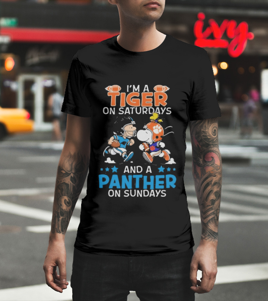 Charlie Brown Snoopy Tiger Saturdays Panther Sundays Football T-Shirt