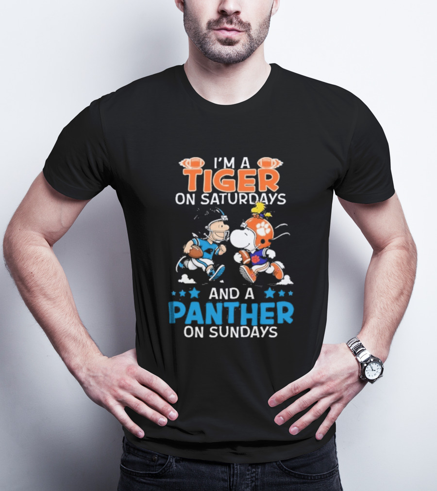Charlie Brown Snoopy Tiger Saturdays Panther Sundays Football T-Shirt