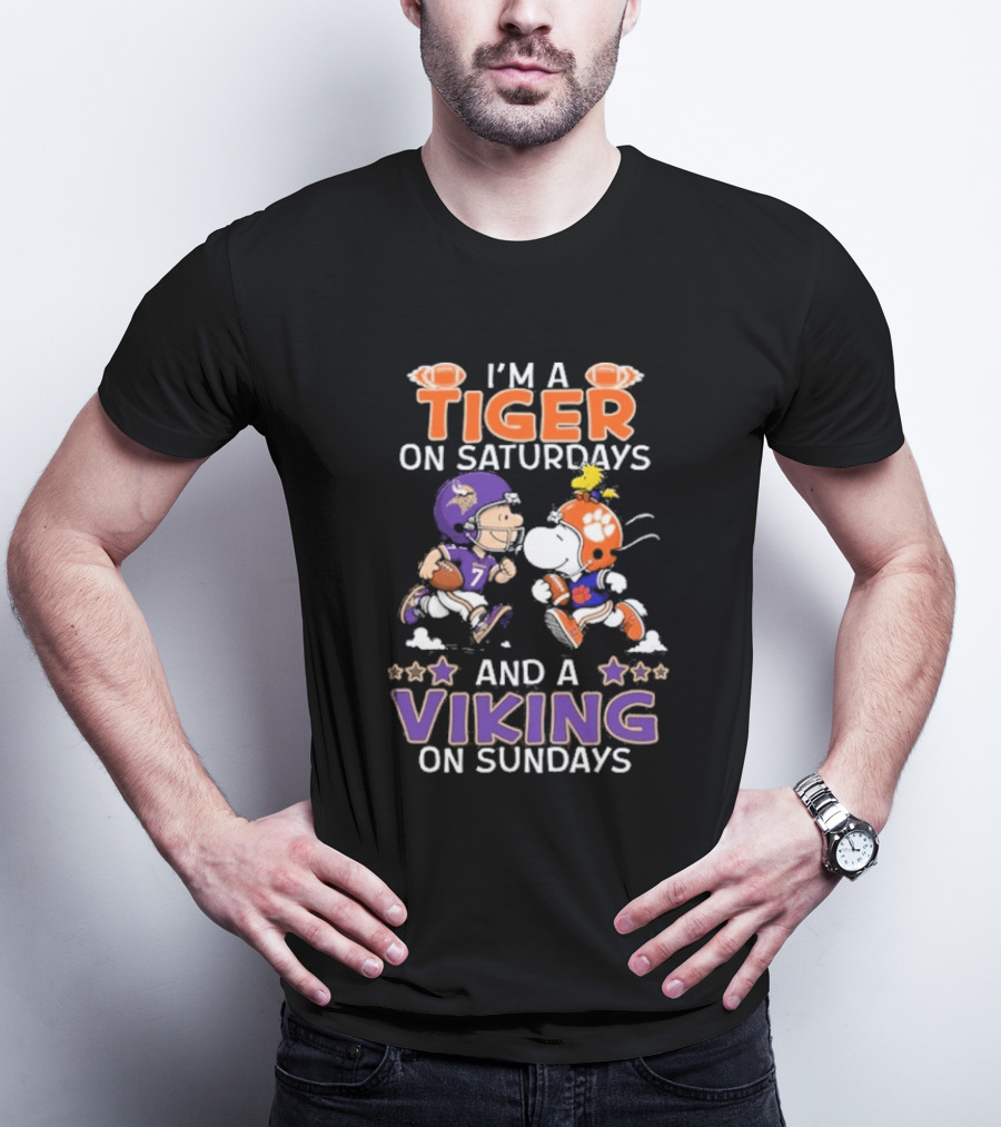 I'm A Tiger On Saturdays And A Viking On Sundays Charlie Brown And Snoopy Football Fan Days T-Shirt