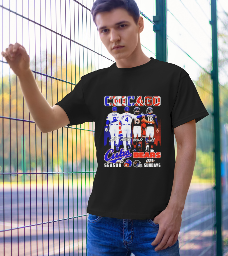 Chicago Cubs Happ And Bote Bears Fields And Moore Signature Skyline Sundays All Season T-Shirt