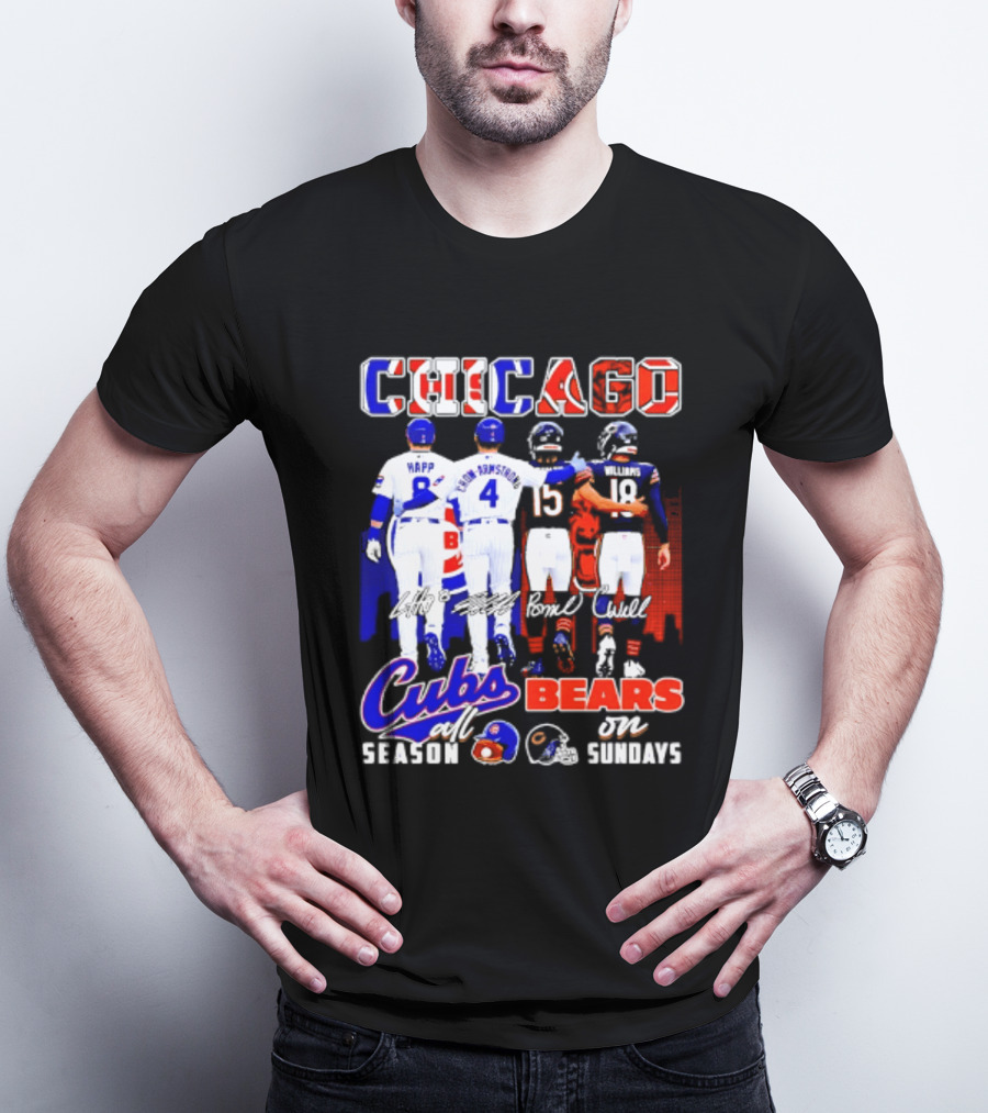 Chicago Cubs Happ And Bote Bears Fields And Moore Signature Skyline Sundays All Season T-Shirt