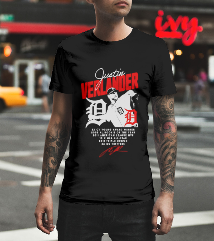 Detroit Tigers Justin Verlander No Hitter AL Rookie MVP Cy Young Winner MLB Career T-Shirt