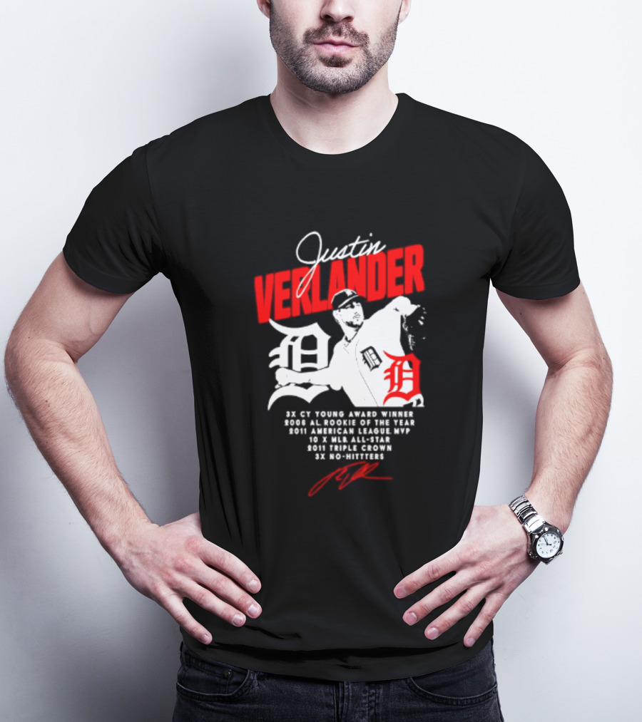 Detroit Tigers Justin Verlander No Hitter AL Rookie MVP Cy Young Winner MLB Career T-Shirt