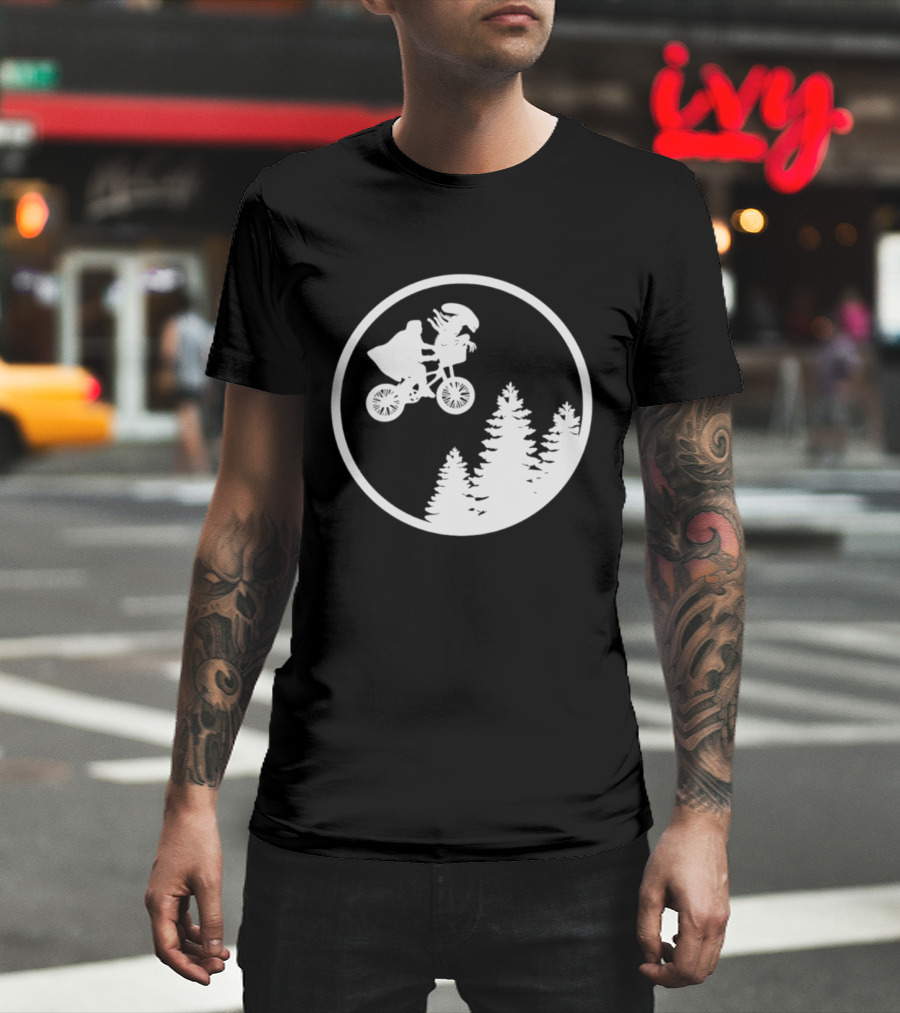 Alien On Bicycle With Trees In Circle Flying Scene 2026 T-Shirt