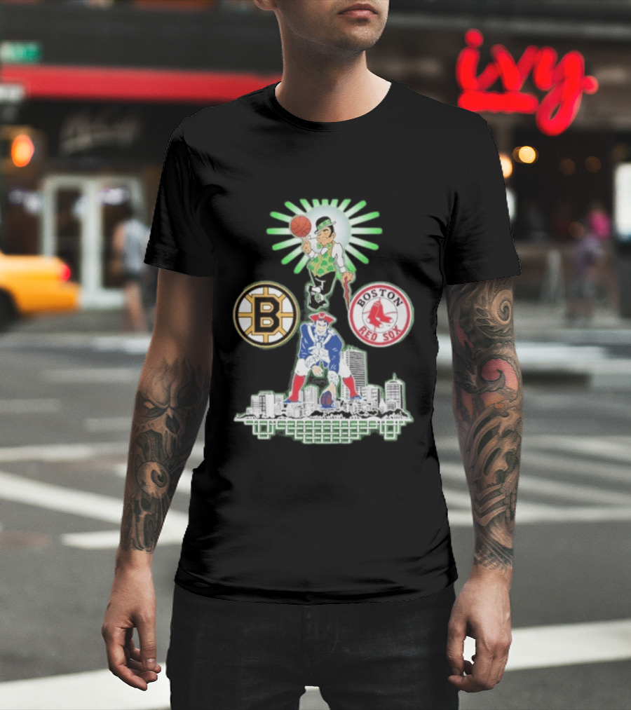 Boston Celtics Red Sox Bruins Skyline Triple Team Sports Boston T-Shirt