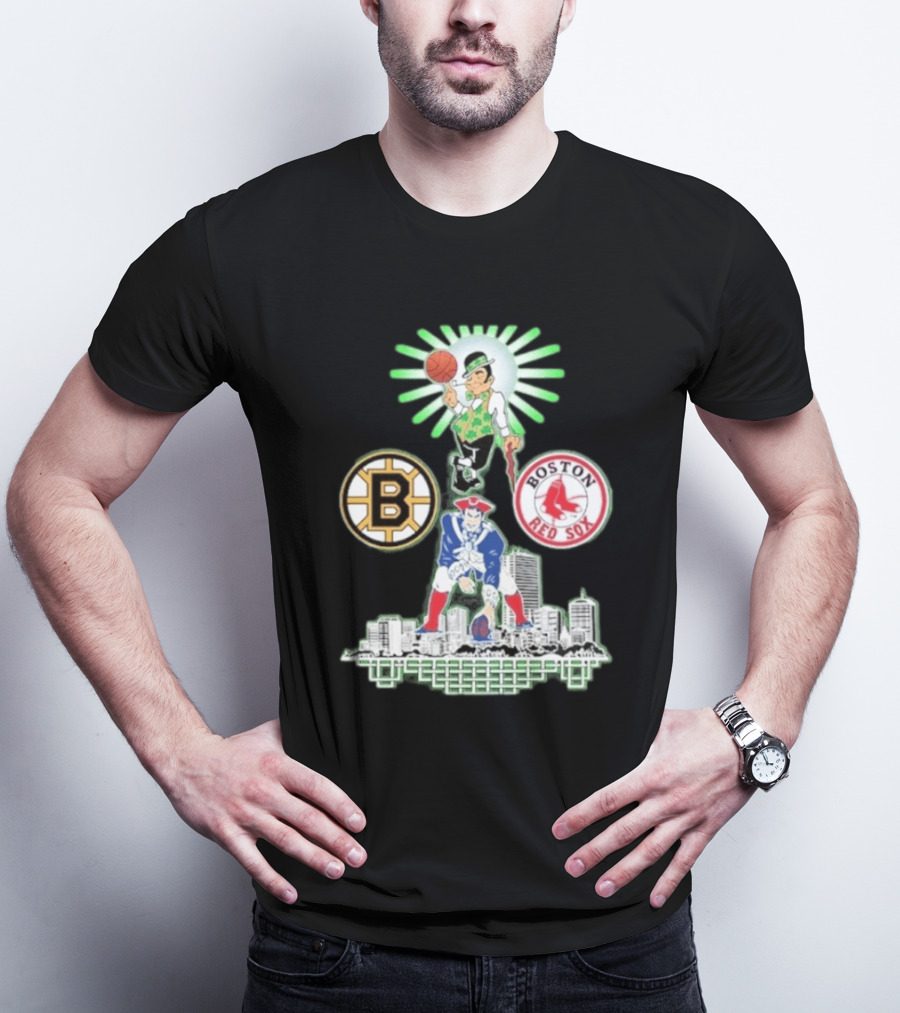 Boston Celtics Red Sox Bruins Skyline Triple Team Sports Boston T-Shirt