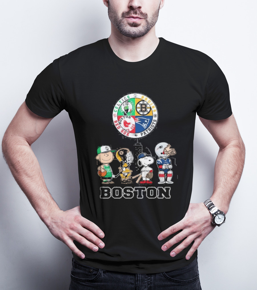 Boston Celtics Bruins Red Sox Patriots Cartoon Characters Skyline Sports T-Shirt
