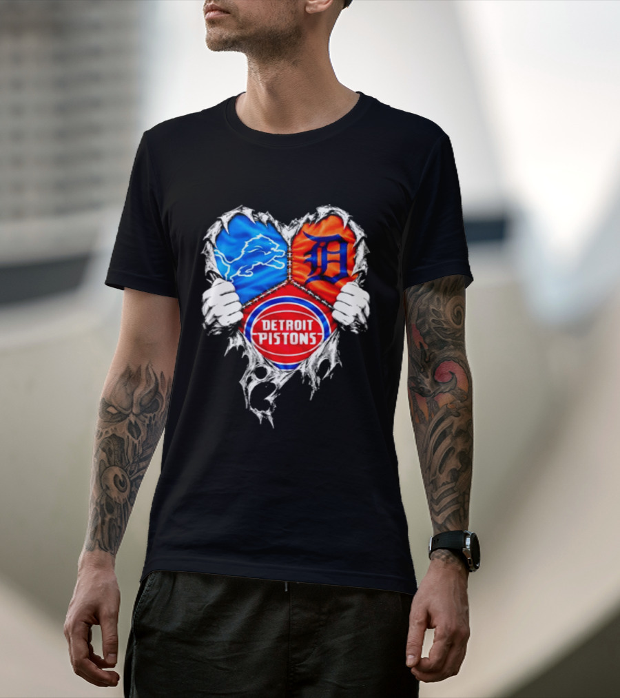 Detroit Lions Tigers Pistons Heart Scratch Mashup T-Shirt