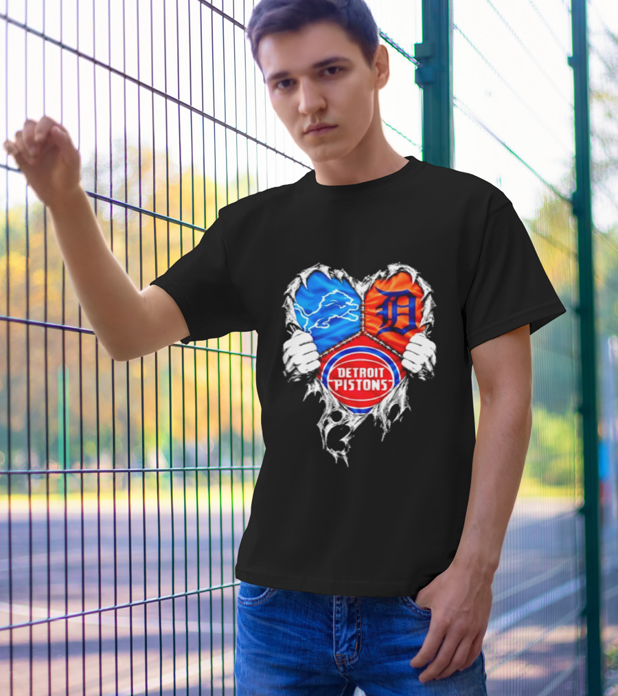 Detroit Lions Tigers Pistons Heart Scratch Mashup T-Shirt