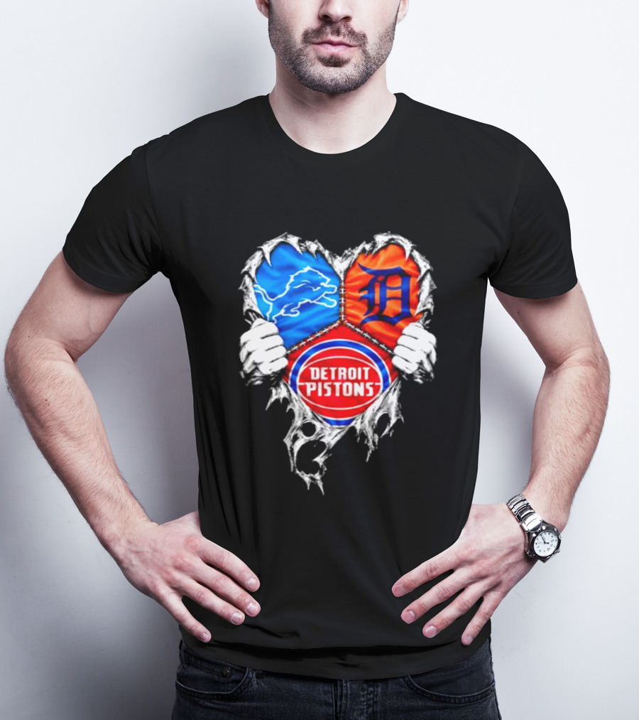 Detroit Lions Tigers Pistons Heart Scratch Mashup T-Shirt
