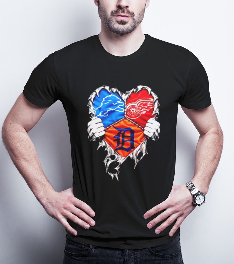 Detroit Lions Red Wings Tigers Heart Scratch Mashup T-Shirt