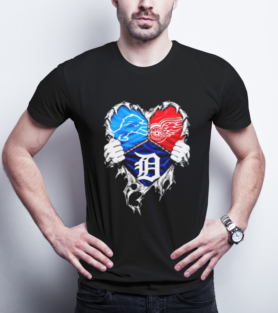 Detroit Lions Red Wings Tigers Heart Scratch Mashup T-Shirt