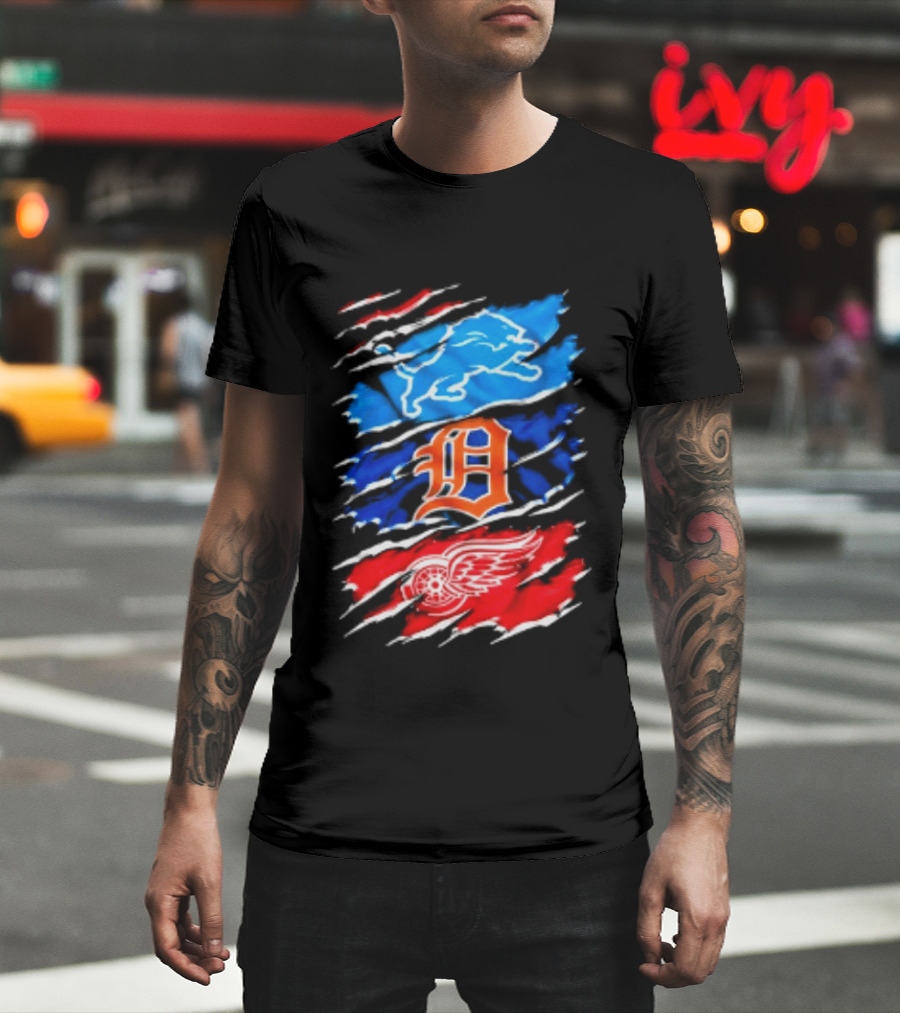 Detroit Lions Tigers Red Wings Scratch Mashup T-Shirt