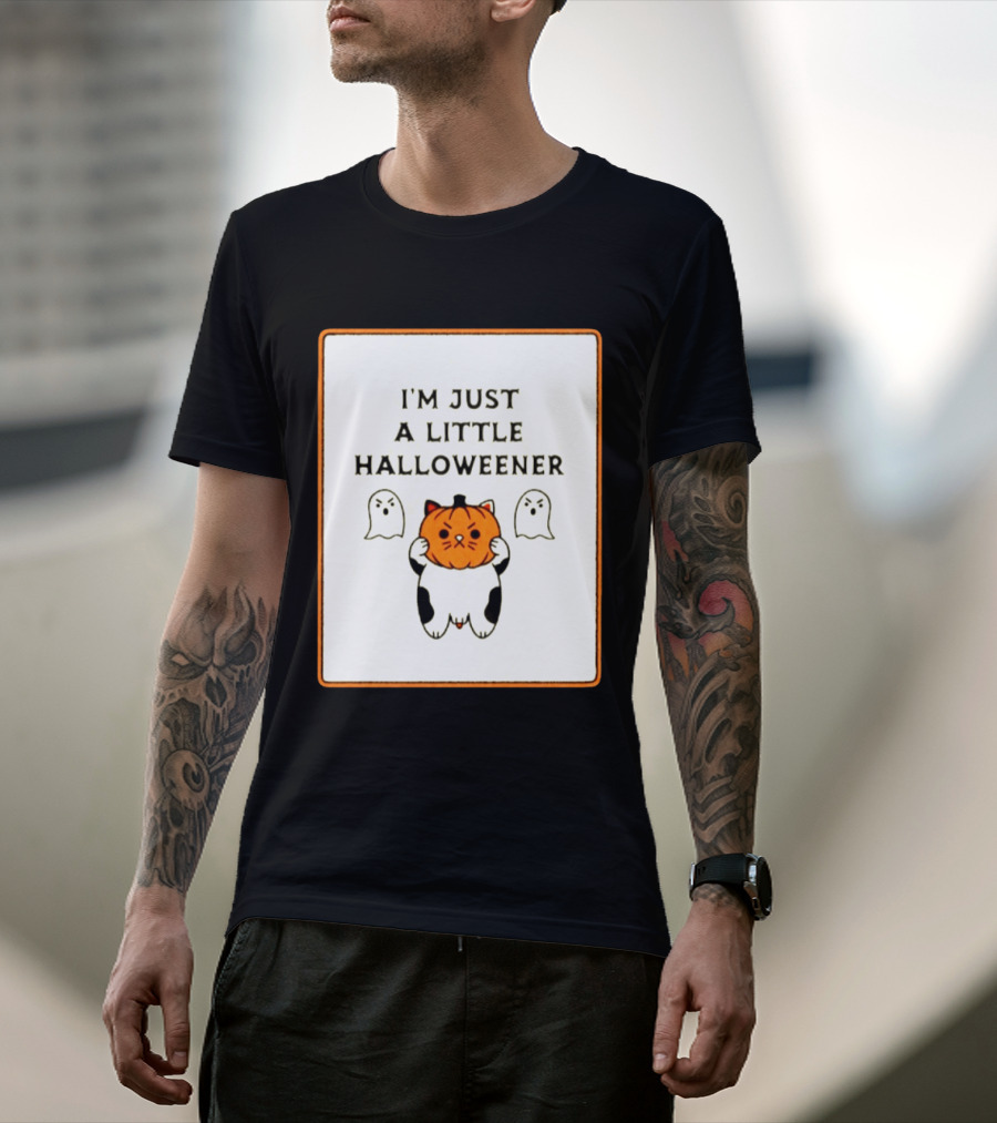I'm Just A Little Halloweener Cat Holding Pumpkin Face With Ghosts T-Shirt