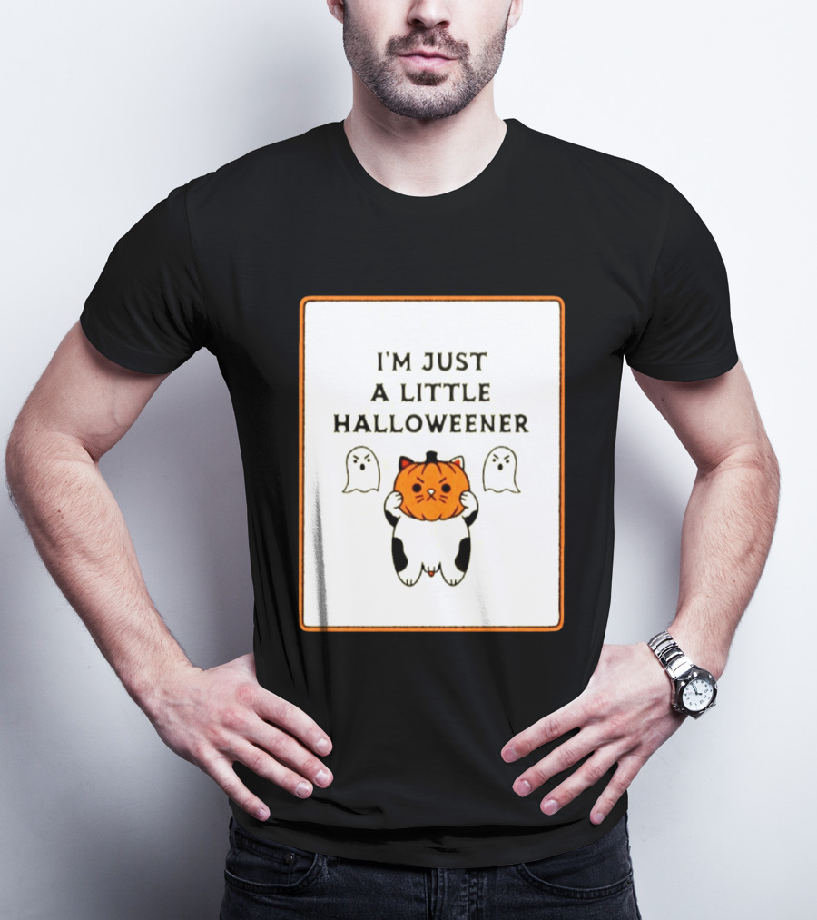 I'm Just A Little Halloweener Cat Holding Pumpkin Face With Ghosts T-Shirt