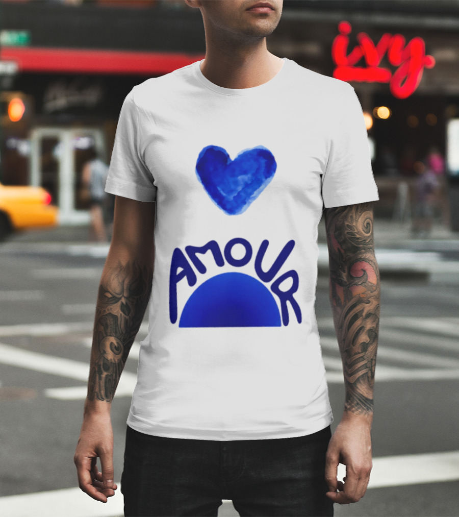 Amour Blue Heart French Love Watercolor T-Shirt