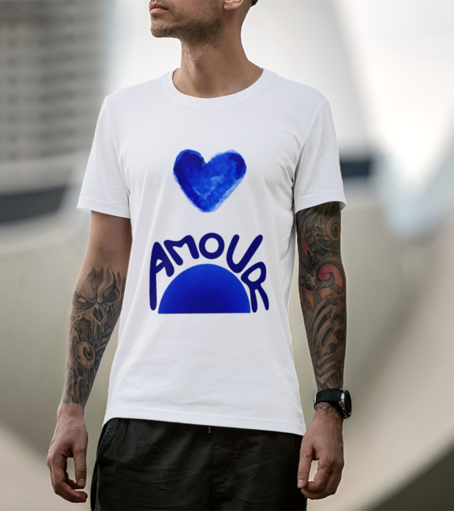 Amour Blue Heart French Love Watercolor T-Shirt