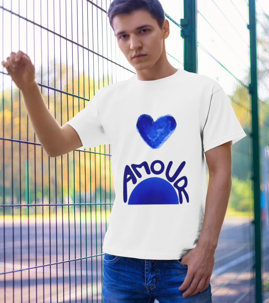 Amour Blue Heart French Love Watercolor T-Shirt