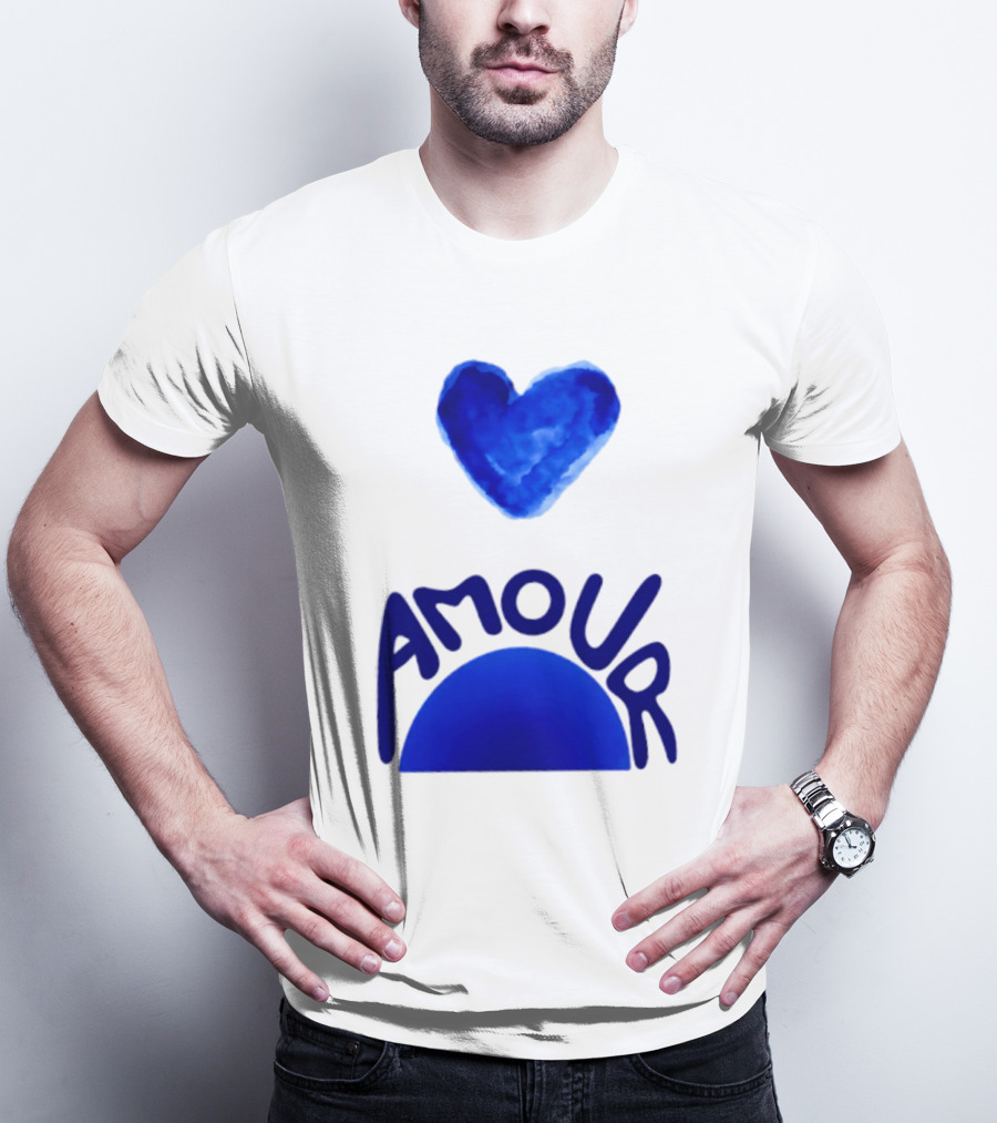 Amour Blue Heart French Love Watercolor T-Shirt