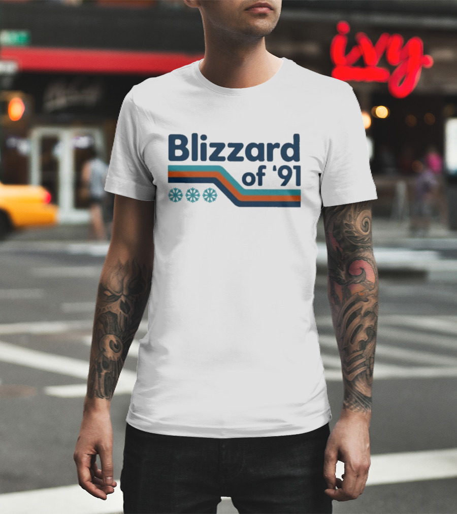 Blizzard Of '91 Retro Winter Snowflakes And Stripes T-Shirt