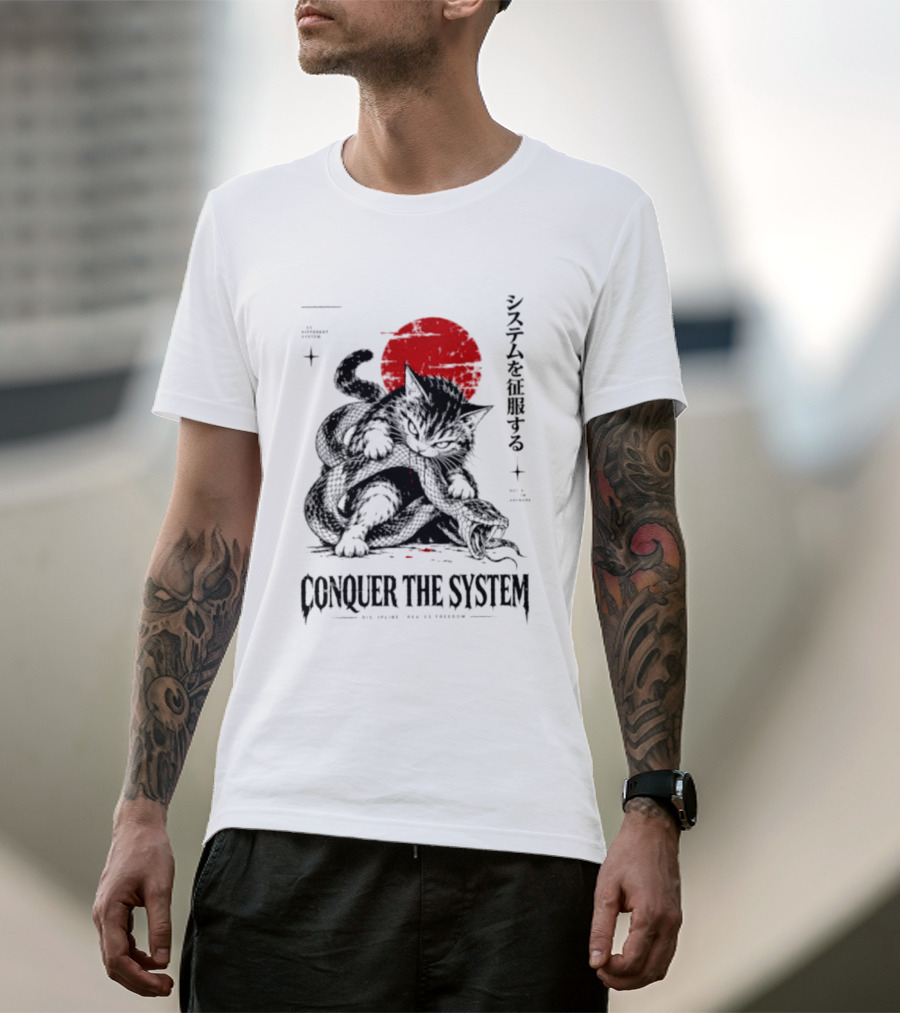 Cat Conquer The System Discipline Creates Freedom Japanese Style Red Sun T-Shirt