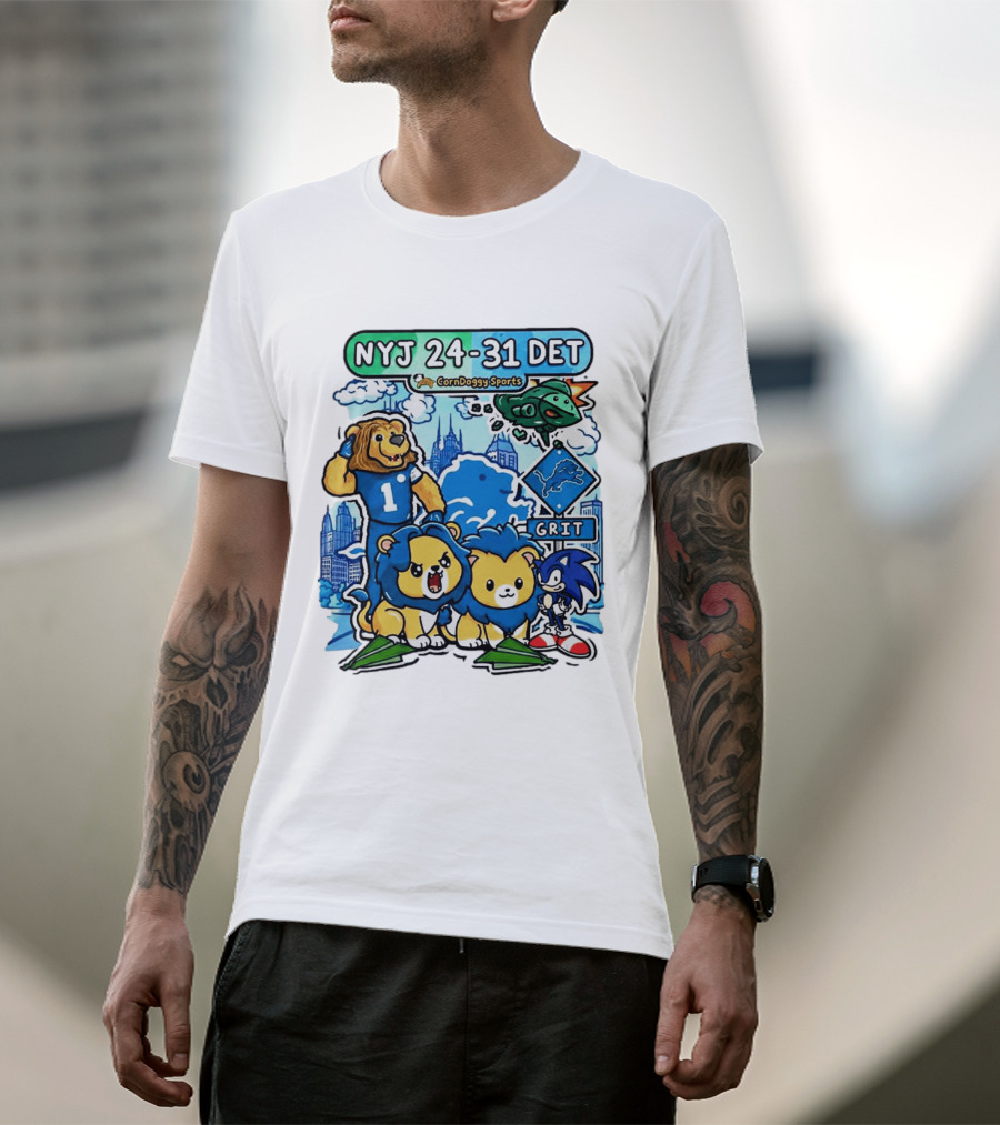 NYJ 24 31 DET Corndoggy Sports Grit Lions Cityscape T-Shirt