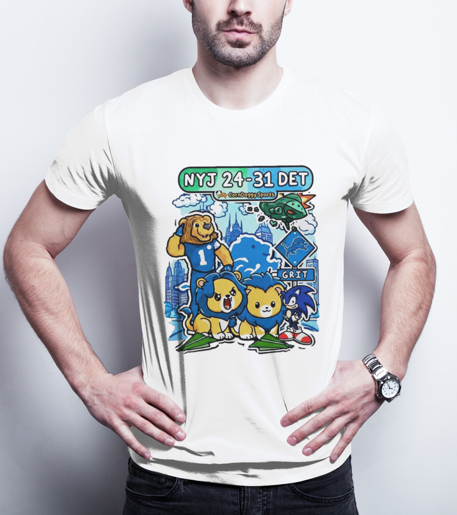 NYJ 24 31 DET Corndoggy Sports Grit Lions Cityscape T-Shirt