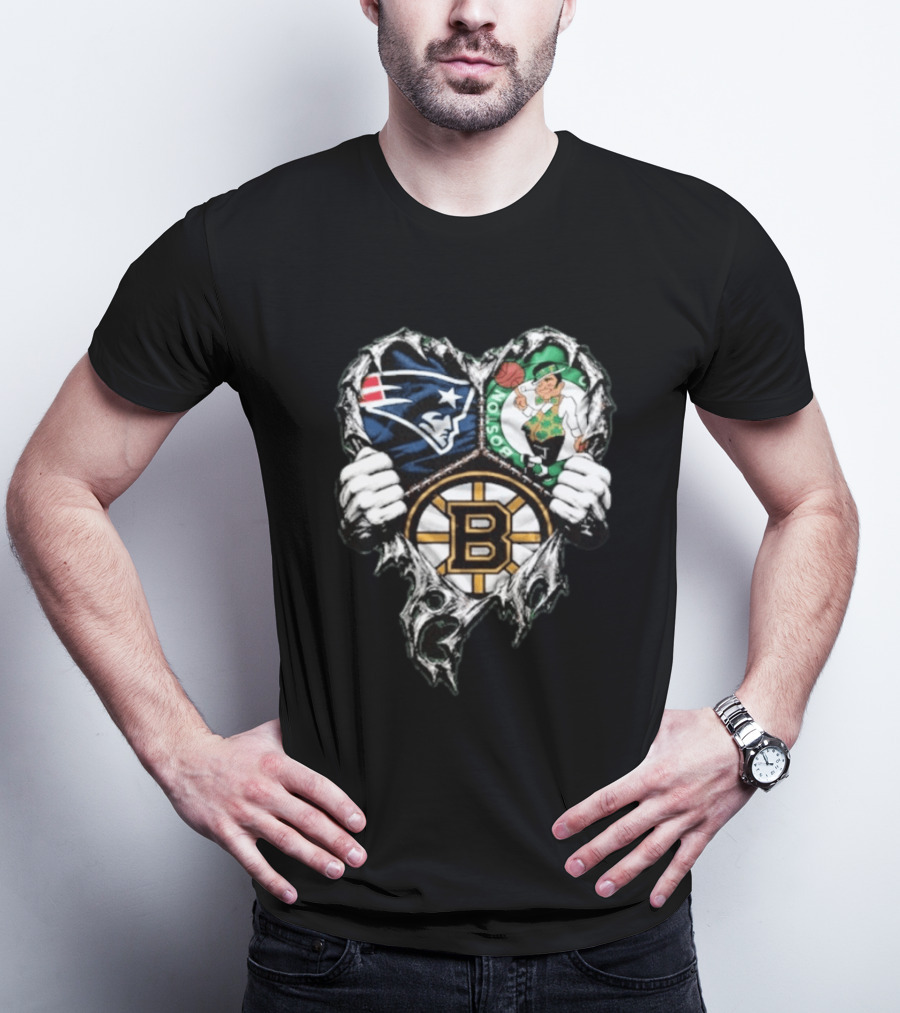 New England Patriots Boston Celtics Boston Bruins Ripped Heart Triple Team Sports T-Shirt