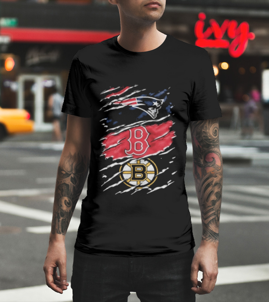 New England Patriots Boston Red Sox Boston Bruins Ripped Distressed Triple Team Sports T-Shirt