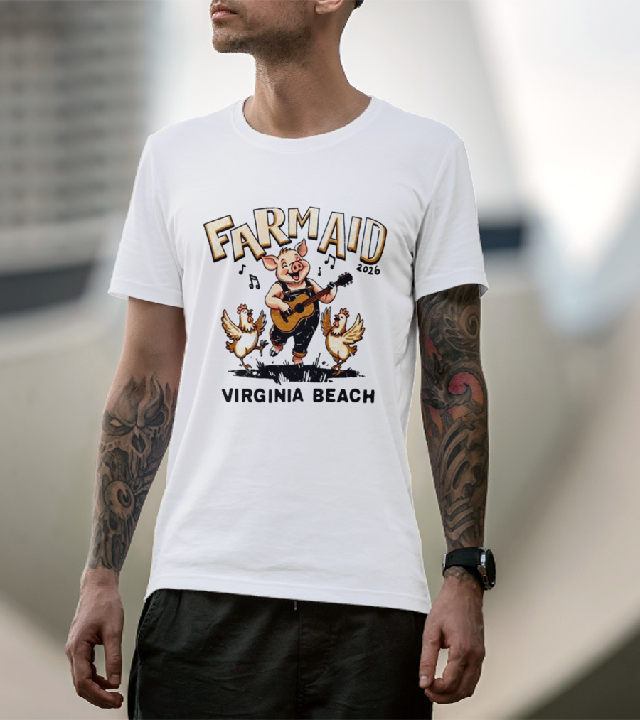 Farm Aid 2026 Virginia Beach Musical Celebration With Guitar Pig And Chickens T-Shirt