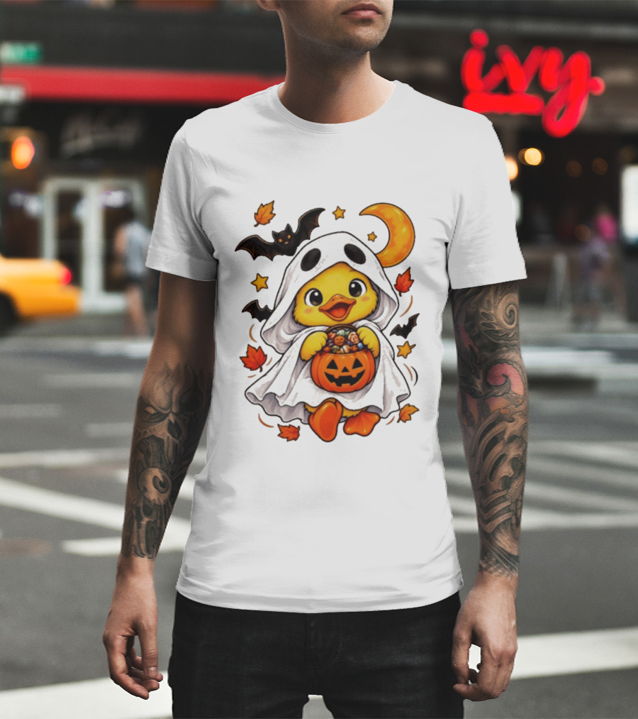 Ghost Ducking With Halloween Pumpkin Candy Bucket Bat Moon And Stars T-Shirt