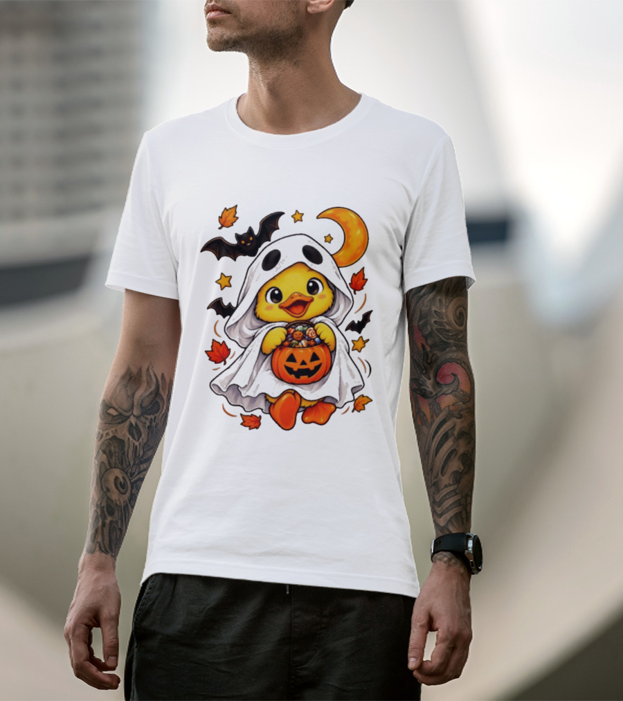Ghost Ducking With Halloween Pumpkin Candy Bucket Bat Moon And Stars T-Shirt