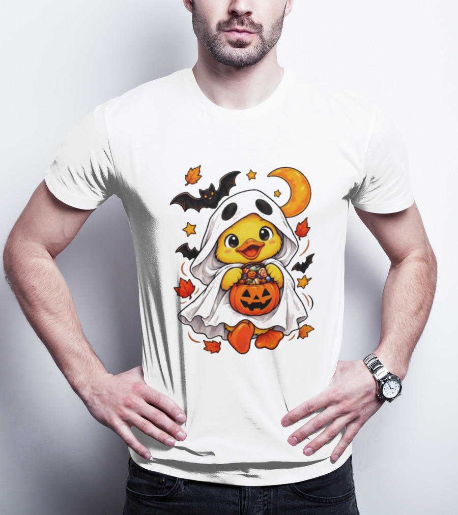 Ghost Ducking With Halloween Pumpkin Candy Bucket Bat Moon And Stars T-Shirt