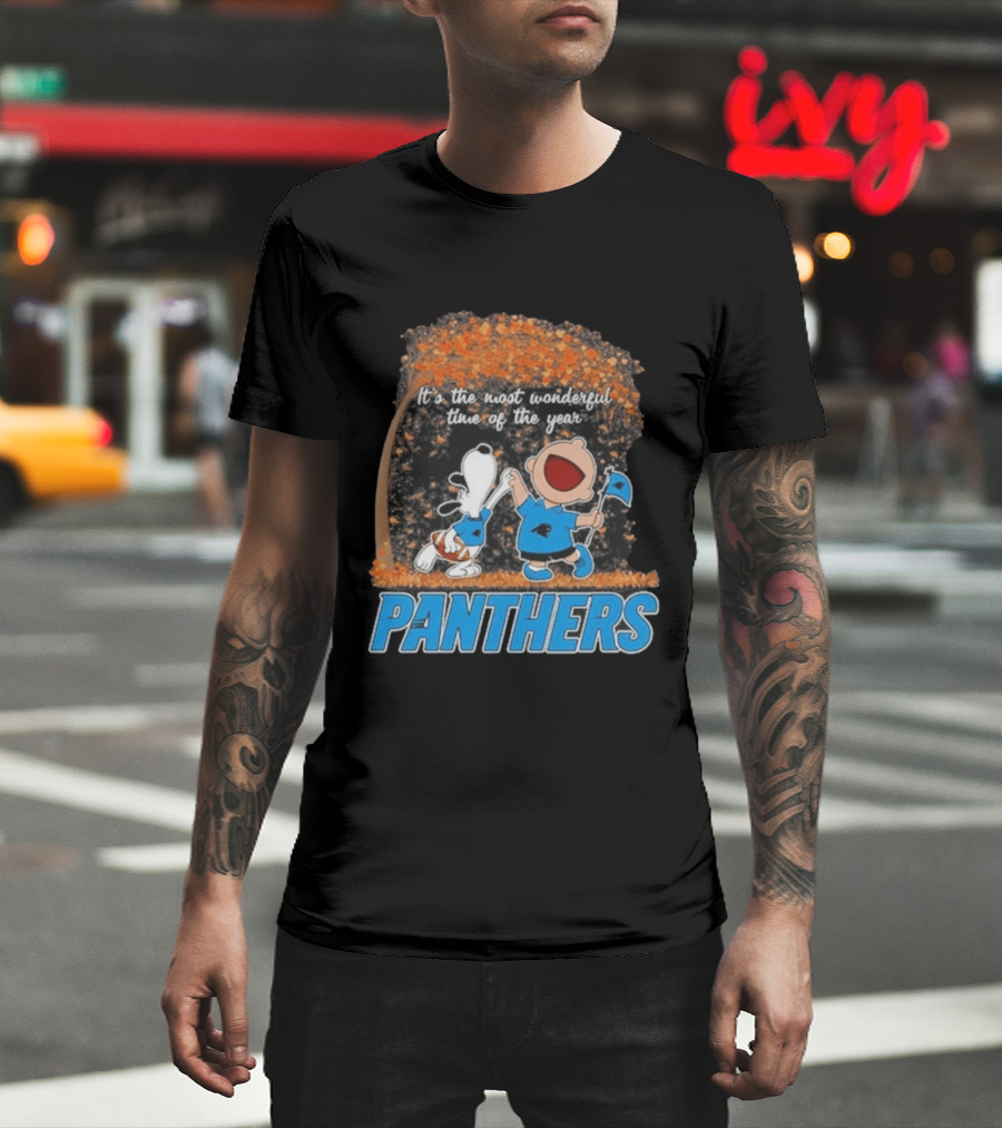 Carolina Panthers Snoopy Charlie Brown Dancing It's The Most Wonderful Time Of The Year 2026 T-Shirt