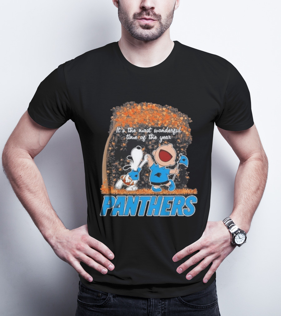 Carolina Panthers Snoopy Charlie Brown Dancing It's The Most Wonderful Time Of The Year 2026 T-Shirt