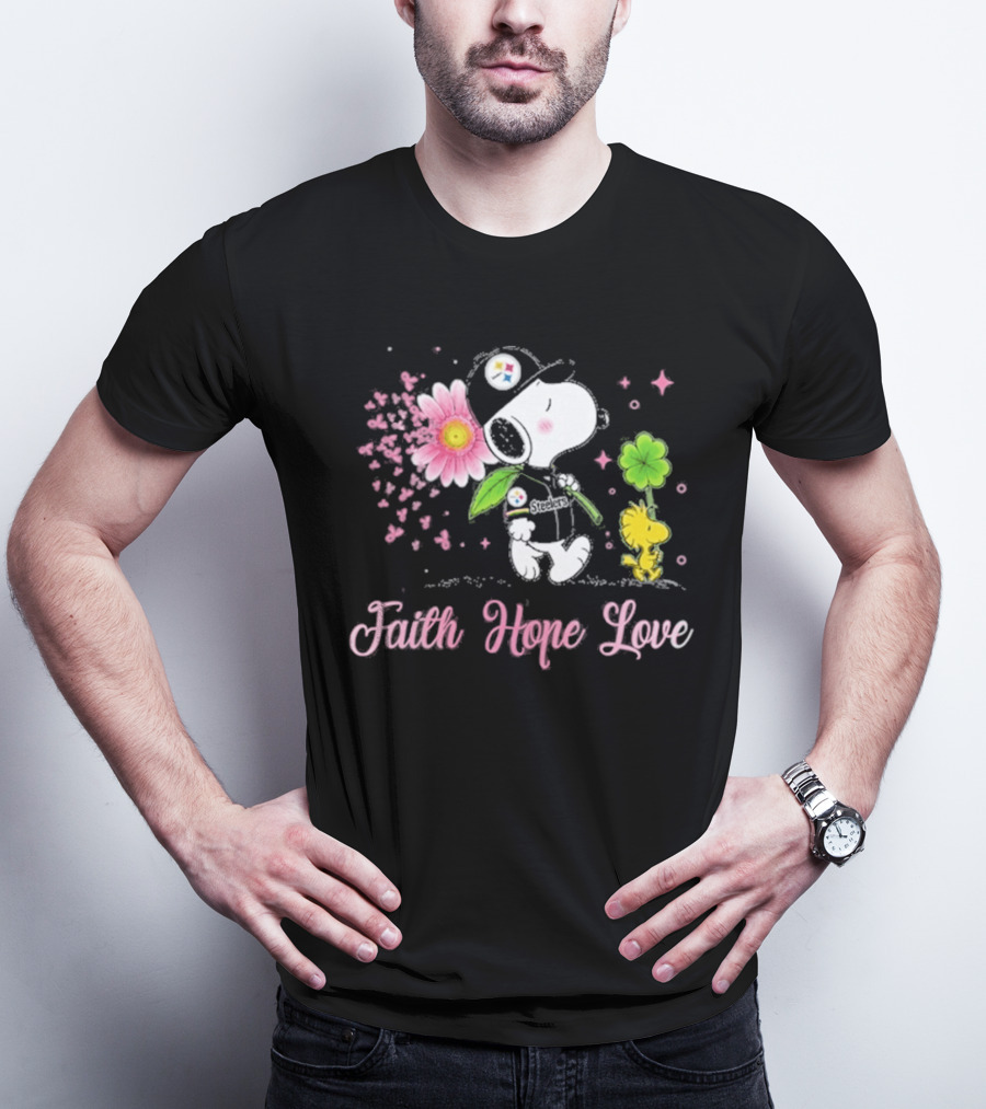 Pittsburgh Steelers Snoopy Woodstock 2026 Faith Hope Love Breast Cancer Awareness T-Shirt
