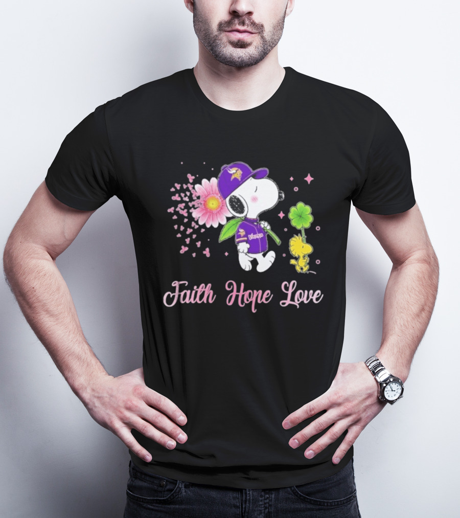 Minnesota Vikings Snoopy Faith Hope Love Breast Cancer Awareness 2026 T-Shirt