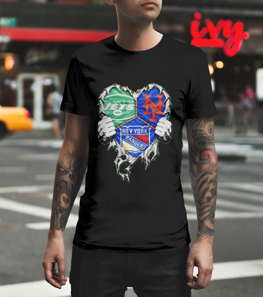 New York Jets Mets Rangers Heart Mashup Scratch T-Shirt