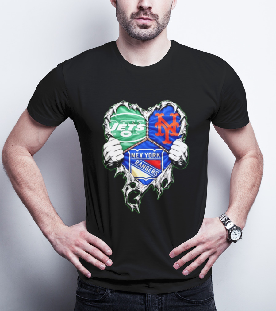New York Jets Mets Rangers Heart Mashup Scratch T-Shirt