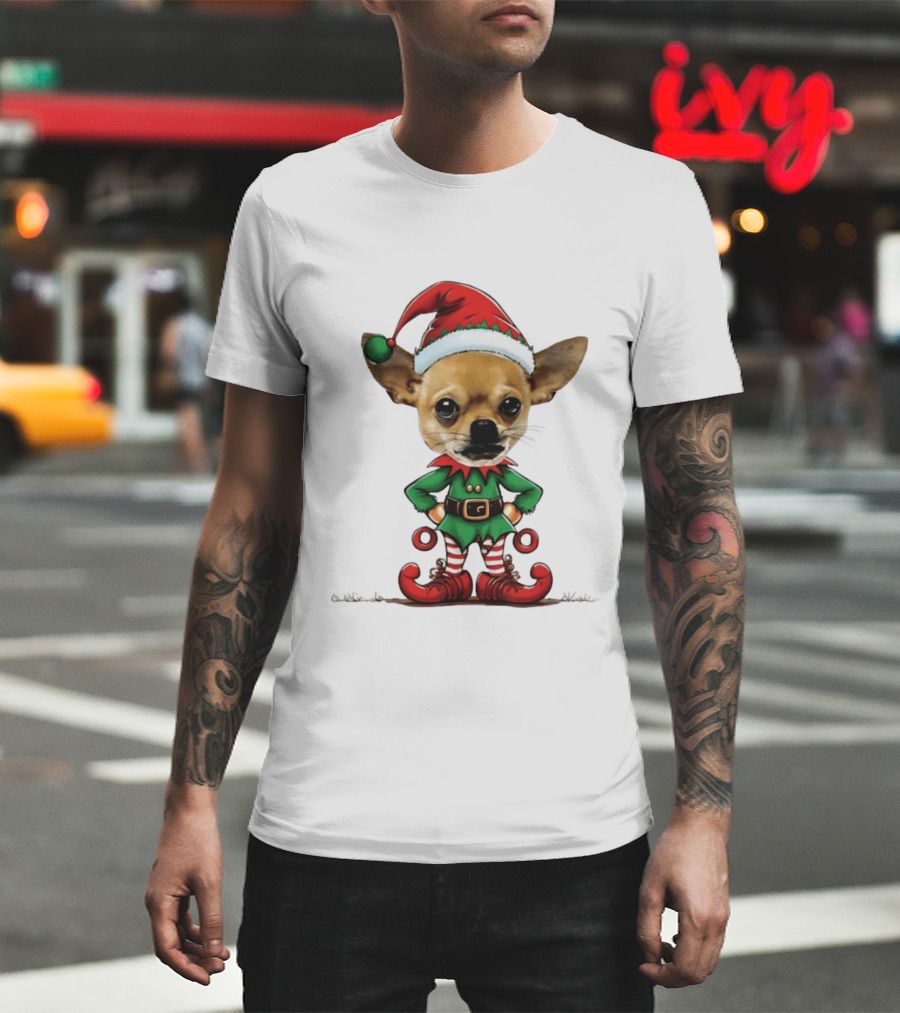 Chihuahua Elf Christmas 2026 Humor Meme Festive Dog In Santa Hat And Green Elf Outfit T-Shirt
